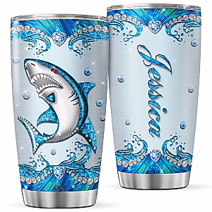 CUBICER Personalized Coffee Tumbler Shark Jewelry Style Custom Name Birthday Gifts For Women Girls Men Boys Kids Womens Day Insulated Cup Travel Mug With Lid Cute Cold Steel Cups