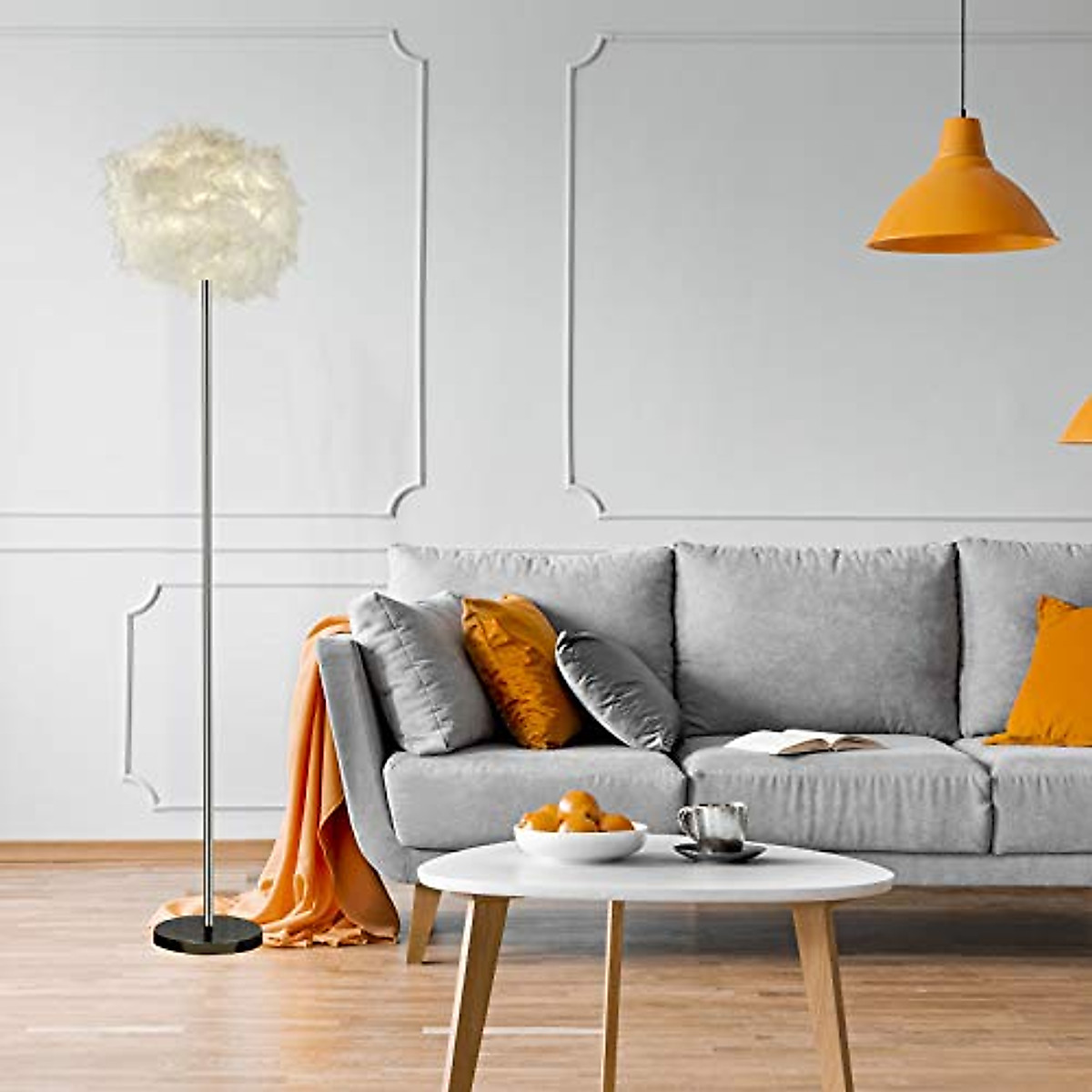 LIGHTACCENTS Feather Floor Lamp with White Shade - Standing Lamp for Living Room - Floor Lamp for Bedroom - Glam Floor Lamp - Chic Feather Shade Polished Chrome Metal Finish