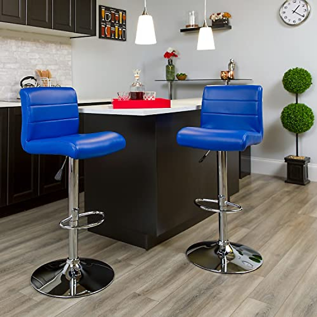 Flash Furniture Marietta 2 Pk. Contemporary Blue Vinyl Adjustable Height Barstool with Rolled Seat and Chrome Base