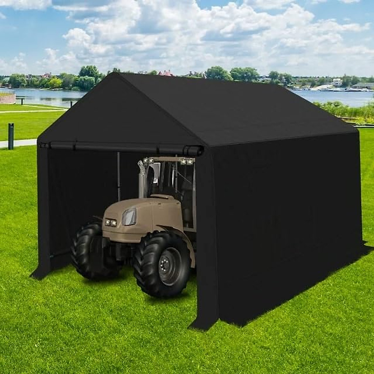 Outdoor Carport Canopy,6x8 ft Heavy Duty Canopy Shed,Metal Frame Storage Shed with Waterproof, UV Resistant Cover, 2 Rollup Zipper Doors for Backyard, Garden can Store Motorcycle, Garden Tools