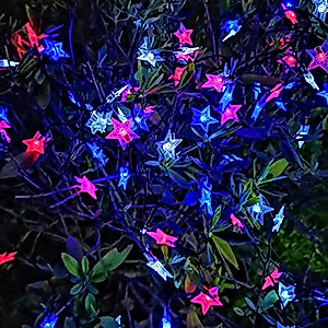 WATERGLIDE 2 Pack Solar Patriotic Star String Lights, Outdoor July 4th Decorative Light 100 LED 33 FT Each, 8 Lighting Modes, Waterproof for Independence Day Party Patio Garden Decor, Red White & Blue