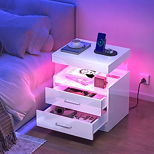 DMIDYLL High Glossy LED Nightstand, White Night Stand with Charging Station and LED Lights, Wood Night Stand with Drawers & Open Shelf, Smart Nightstand for Bedroom