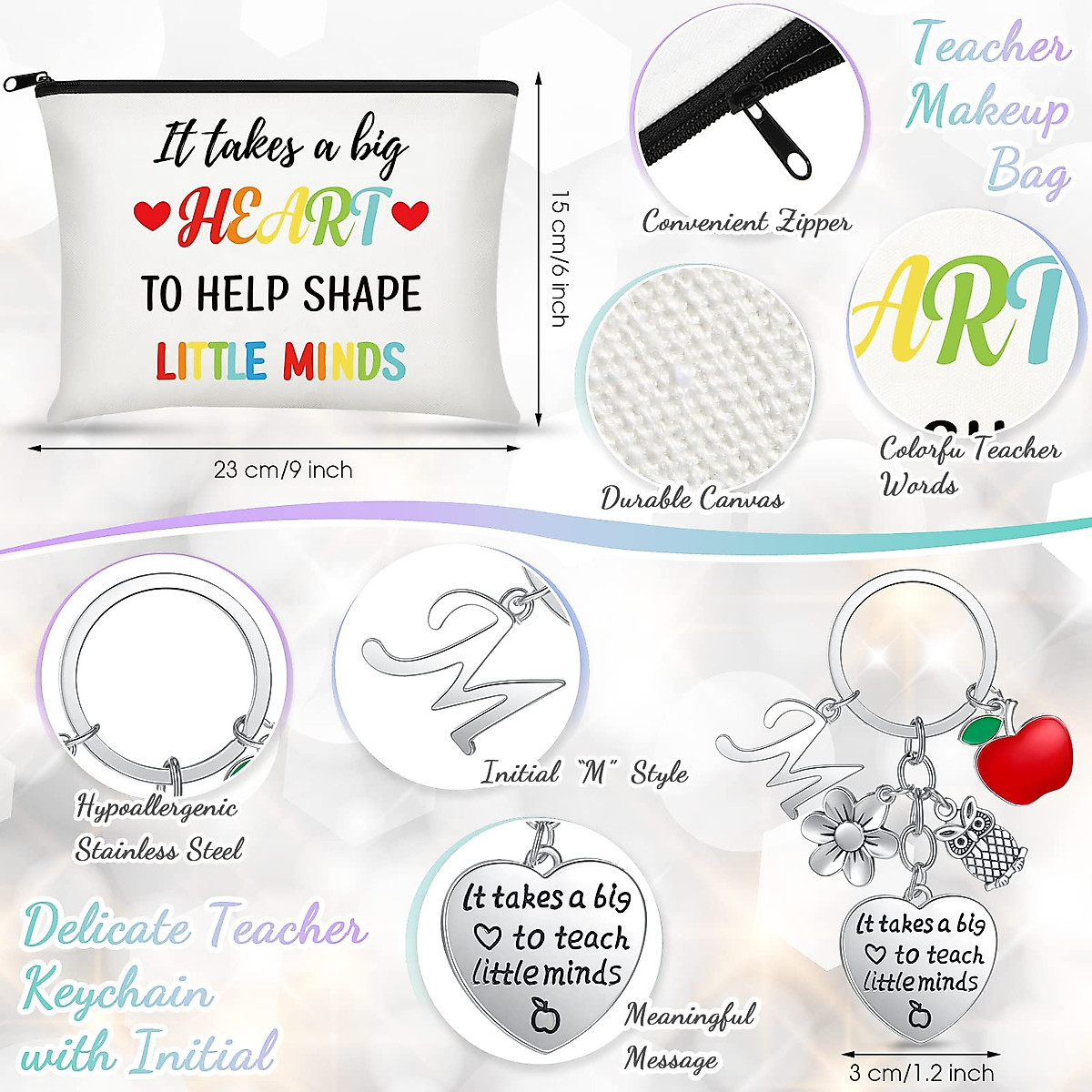 3 Pieces Teacher Appreciation Gift 12 oz Teach Love Inspire Wine Tumbler It Takes a Big Heart To Help Shape Little Minds Cosmetic Bag and Teacher Keychain for Christmas Birthday (Letter M Style)