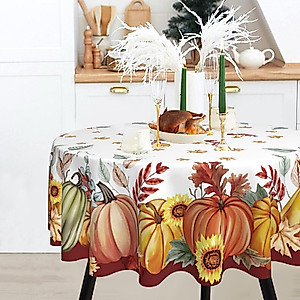 XUIUAN Fall Round Tablecloth Pumpkin Thanksgiving Dinner Table Decoration Autumn Leaves Print Harvest-Festival Seasonal Dining Table Cover Party Decor (60" x 60" Round)