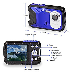 Waterproof Camera Underwater, Vmotal Full HD 1080P Waterproof Digital Camera 2.8" LCD 21MP Rechargeable Point and Shoot Cameras Underwater Camera for Snorkeling (Blue)