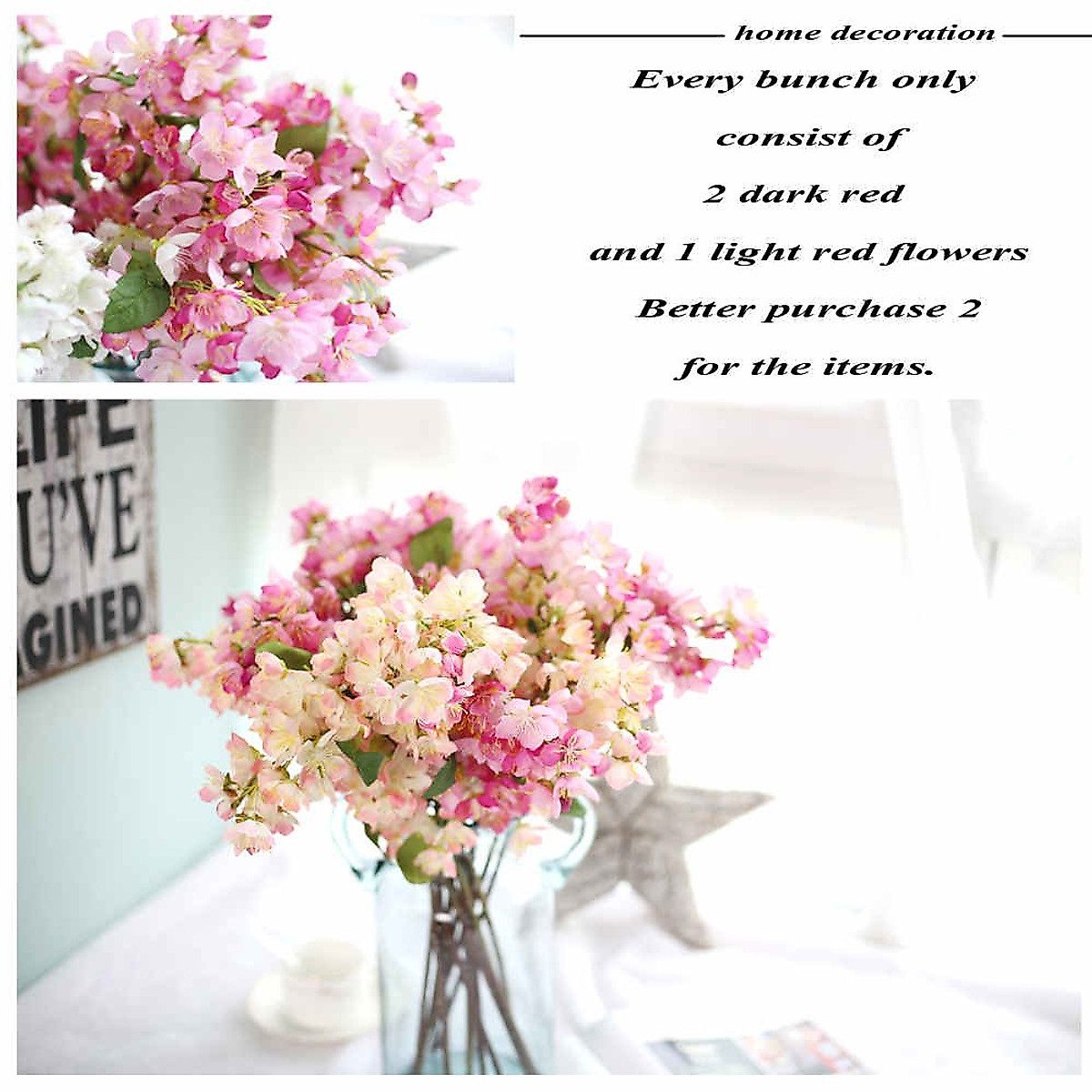 Artificial Flowers, Fake Flowers Silk Artificial Cherry Blossom Bridal Wedding Bouquet for Home Garden Party Wedding Decoration 3 Pcs (Red & Light Pink)