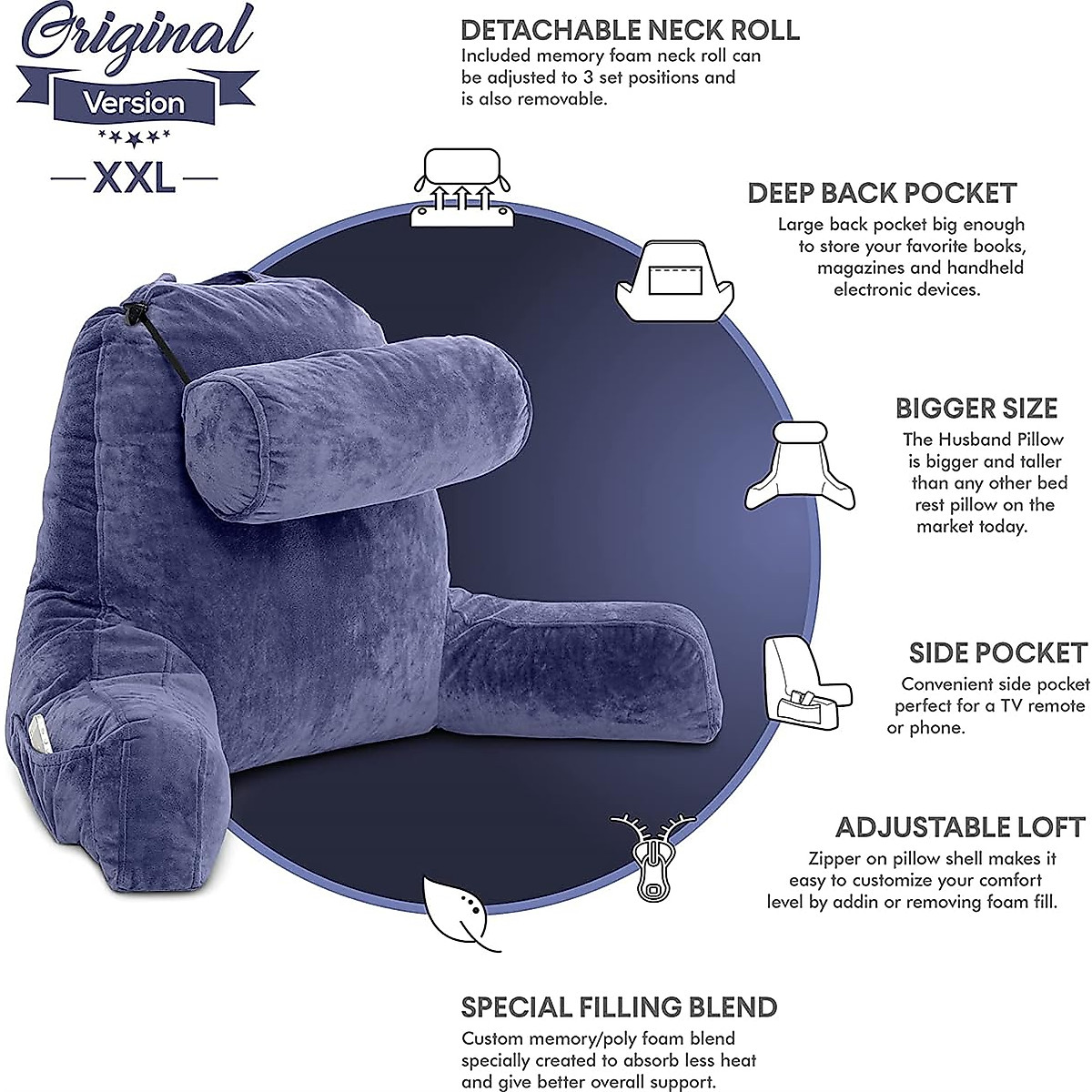 FaYkes Adult Reading Pillow,Backrest Pillow with Arms Dark Blue & Foldable Laptop Tray Gray Memory Foam Reading Pillows for Bed W/Removable Neck Roll & Laptop Bed Tray Table,Blue