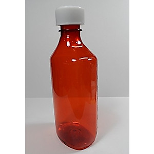 Graduated Oval 8 Ounce Amber Plastic RX Medicine Bottles and Caps Pharmaceutical Grade Package of 25