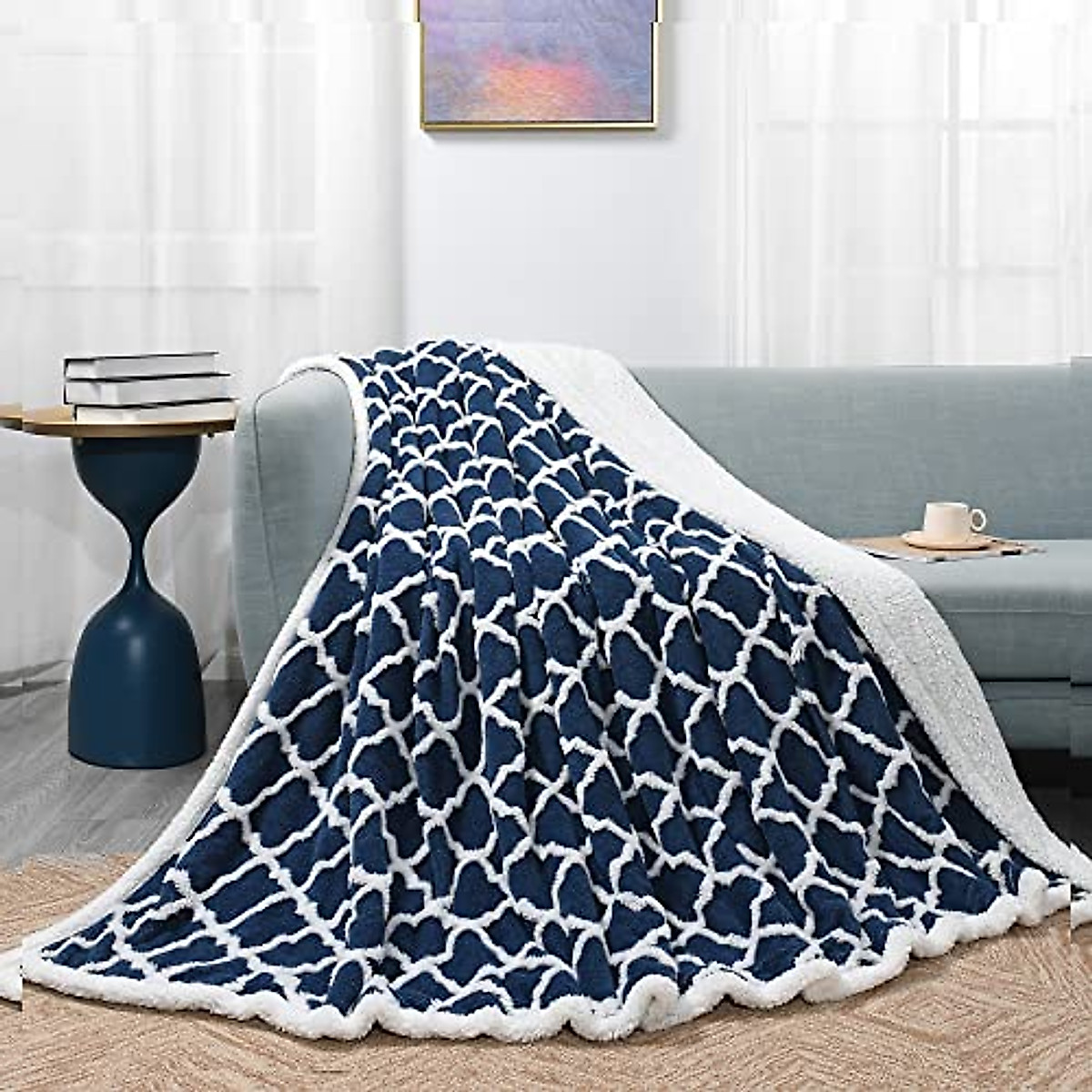 Basic Beyond Fleece Sherpa Throw Blanket - Soft Cozy Navy Blue Throw Blanket with 3D Jacquard Design for Couch,Bed,Travel,Camping,Navy Blue,50"x60"