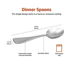 Amazon Basics Stainless Steel Dinner Spoons with Round Edge, Pack of 12, Silver