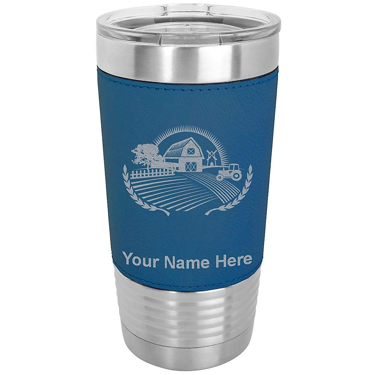 LaserGram 20oz Vacuum Insulated Tumbler Mug, Farm, Personalized Engraving Included (Faux Leather, Blue)
