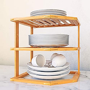 Home Intuition 3-Tier Bamboo Wood Corner Rack for Plates, Mugs Kitchen Pantry Cabinet Storage Shelf, 10" x 10" x 9-1/2"