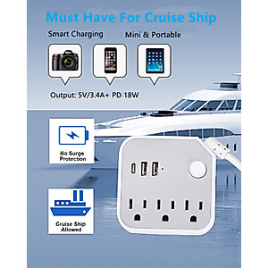 Power Strip with USB C, 3 Outlets Desktop Charging Station, 6 Ft Extension Cord, Small and Portable Power Strip for Travel, Cruise Ship