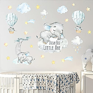 Yovkky Blue Watercolor Boy Elephant Wall Decals, Sweet Dream Big Little One Sticker Moon Hot Air Balloon Star Nursery Decor, Home Baby Shower Room Decoration Kid Toddler Crib Bedroom Playroom Art Gift