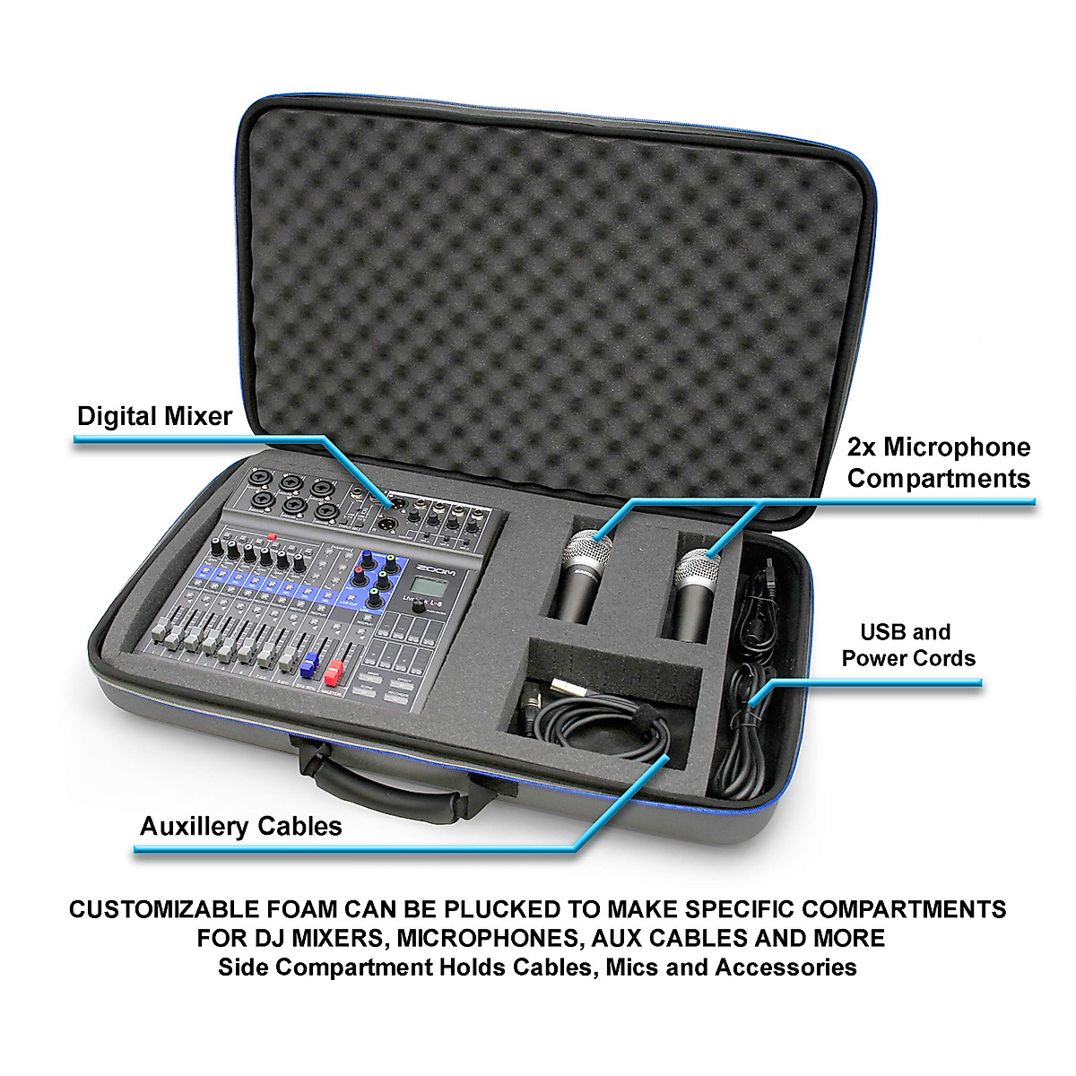 CASEMATIX Music Equipment Mixer Case Compatible with Zoom LiveTrak L-8 Podcast Mixer or PodTrak P8 Recorder and Microphone Accessories - Includes DJ Equipment Gig Bag Travel Case Only
