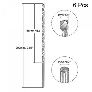 uxcell HSS(High Speed Steel) Extra Long Twist Drill Bits, 6mm Drill Diameter 200mm Length for Hardened Metal Woodwork Plastic Aluminum Alloy 6 Pcs