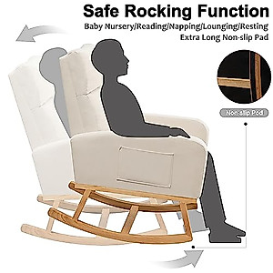 HOMYKA Rocking Chair Nursery Upholstered Glider Chair with Rubber Wood Legs Side Pocket, Rocker Accent Armchair for Living Room,Beige
