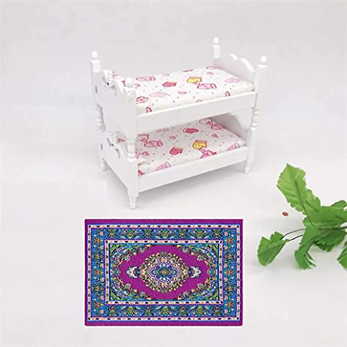 3Pcs Dollhouse Decoration Accessories, 1Pc Dollhouse Miniature Children Bedroom Furniture Bunk Bed with Ladder and 2Pcs Miniature Carpet Turkey Rugs for Kids Gift (A)