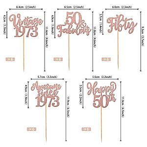 30 PCS Happy 50th Birthday Cupcake Toppers Glitter Fifty 50 Fabulous Vintage 1973 Cupcake Picks Cheers to 50 Years Cake Decorations for 50th Birthday Anniversary Party Supplies Rose Gold