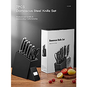 Knipan Knife Set with Block, Damascus Steel Kitchen Knives 7 Piece, Ultra Sharp AUS-10 Japanese Steel Knife Block Sets with Full Tang Handle, Black