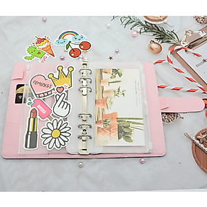 Twavang 15 PCS A6 Binder Pockets with PU Leather Notebook Binder Cover Refillable 6 Round Ring Binder Set for Personal Planner Organizer, Budget Binder, Savings Binder (Light Pink)