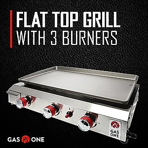 Gas One Flat Top Grill with 3 Burners – Auto Ignition Propane Portable Gas Grill – Premium Stainless Steel Body Tabletop Grill with Pre Season Griddle – Convenient Drip Tray – Ideal for RV, Camping
