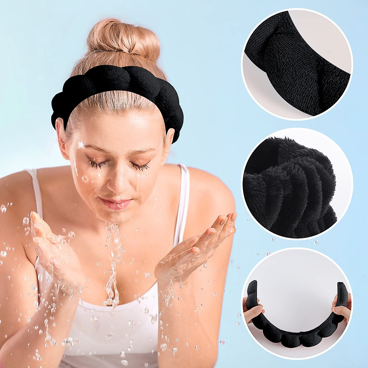 Sponge Spa Headband for Women, Black Makeup Headband and Wrist Washband Set for Face Washing, Skincare, Shower, Makeup Removal
