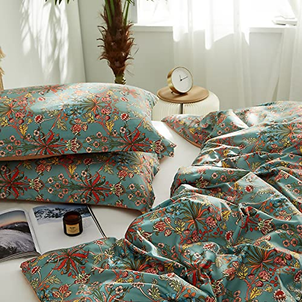 Ikawaapurry Comforter Set for Queen Size Bed Farmhouse Boho Bedding Sets Fluffy Lightweight Flowers Plants All Season 3 Pcs Comforter with 2 Pillow Shames