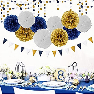 Navy-Blue White Gold Paper Flowers - 15pcs 5 Size Tissue Paper Pom-Poms,Men Birthday Graduation Bachelorette Decorations Baby Boy Room Hanging Decor Engagement Party Backdrop Decoration Panduola