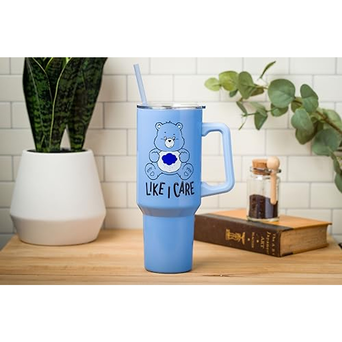 Silver Buffalo Care Bears Grumpy Bear Like I Care Stainless Steel Tumbler with Handle and Straw, Fits in Standard Cup Holder, 40 Ounces