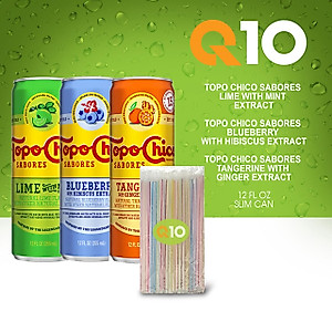 QUALITATT 10 Brand Box, Sabores Sparkling Water Variation Collection, Lime,Tangerine, Blueberry, Box 24 Count 8 Each + 80 Disposable Food Grade Plastic Straws by QUALITATT 10 Brand