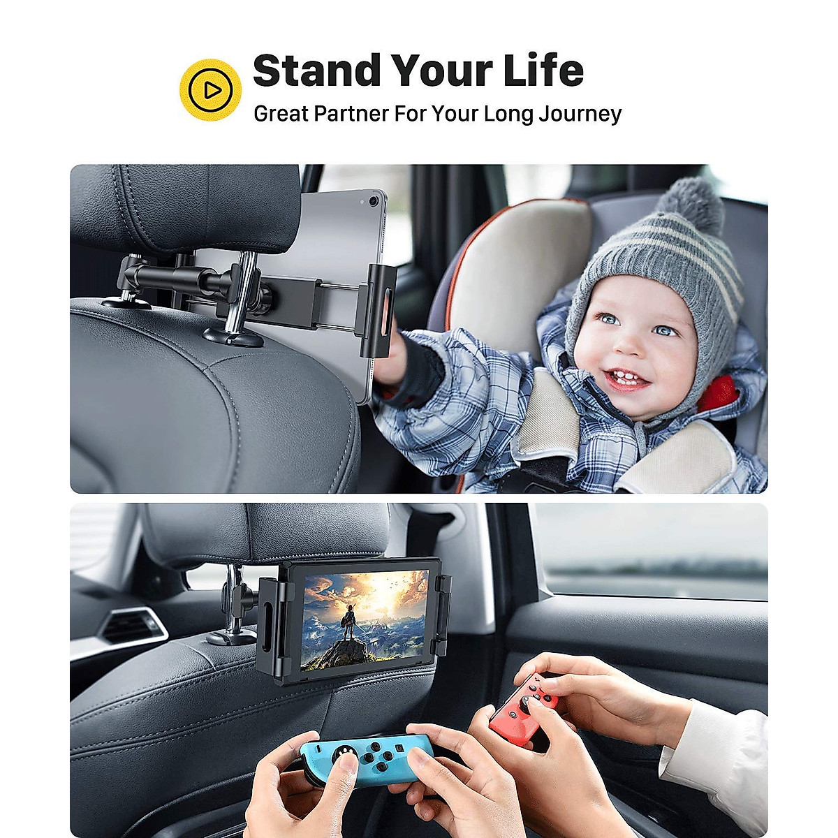 Bakel Portable Electronic Device Mount, Black, Compatible with iPhone, iPad, 6"-10" Tablets, 4.7"-8" Cell Phones, Fits Headrests 5.2in-5.7in Wide, Never Shakes, Hook 2 in 1