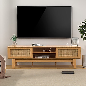 Xilingol TV Stand with Rattan Sliding Doors, Low Profile Television Stands for TVs up to 65 Inches TV, Modern Farmhouse Boho Home Media Console for Living Room Bedroom, 59 Inch