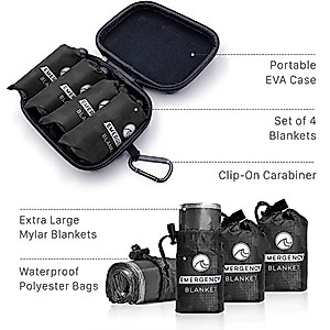 Oceas Outdoor Mylar Emergency Blankets - 4 Pack of Extra Large Thermal Foil Space Blankets - Designed by NASA for Camping, Hiking, and Car Use (Black)