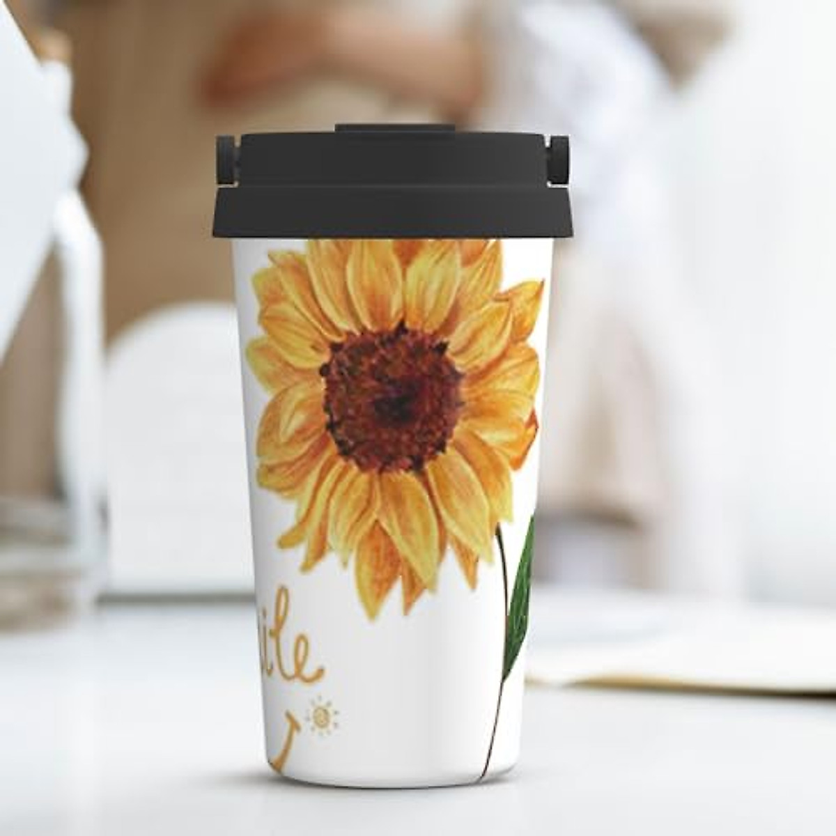 WANGXUEE Smile Face Sunflower Print 500ml Stainless Steel Travel Tumbler Double Wall Vacuum Insulated Coffee Mug