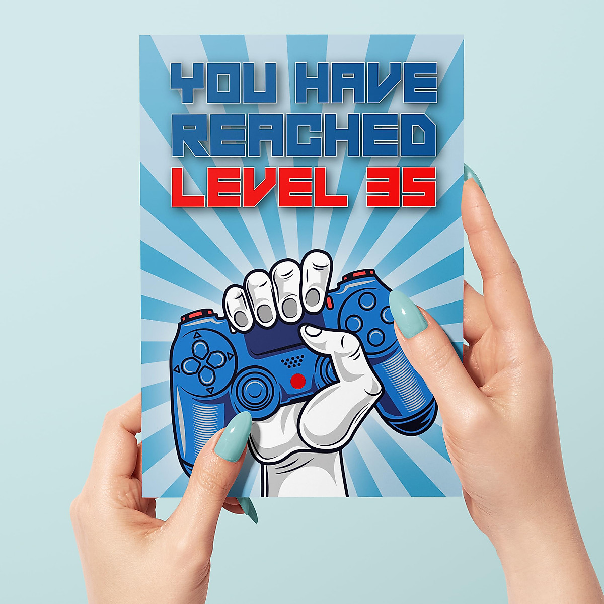 35th Birthday Card, You Have Reached Level 35, Greeting Card for Thirty-Five Year Old Gamer Birthday Gift for Adult Son or Daughter, For Him Her Grandson Granddaughter, Blue