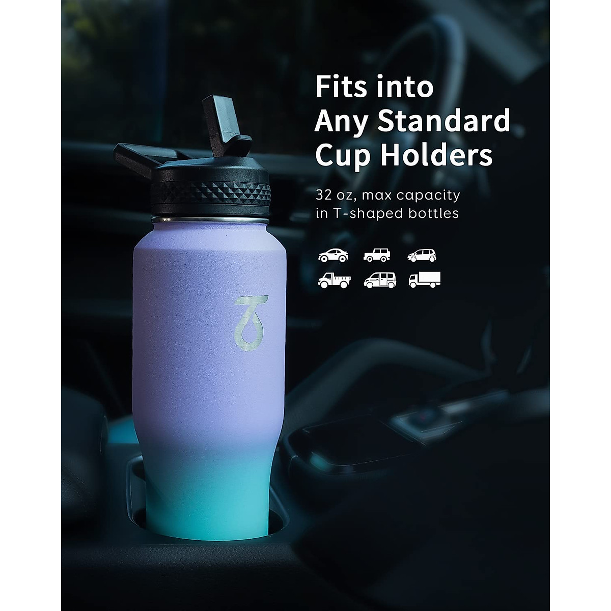 Trebo 32oz Insulated Water Bottle that Fits in Cup Holder, Stainless Steel Double Wall Tumbler Bottles with Paracord Handle, Flask with Straw Spout Lids, Keep Cold for 48 Hrs/Hot 24 Hrs,Cotton Candy