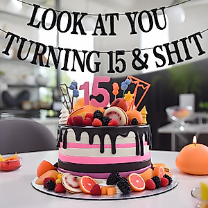 Happy 15th Birthday Banner, Cheers to 15 Years, Level 15, Teen Boys Girls Funny 15th Birthday Party Decorations Backdrop Gifts, Black Glitter