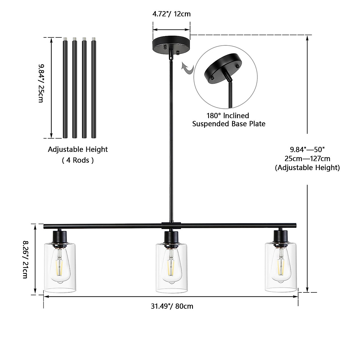 KMaiPem Kitchen Island Lighting, 3 Lights Black Linear Chandelier with Glass Shade, Industrial Kitchen Pendant Lighting over Island, Modern Chandelier for Dining Living Room Bar Pool Table Light