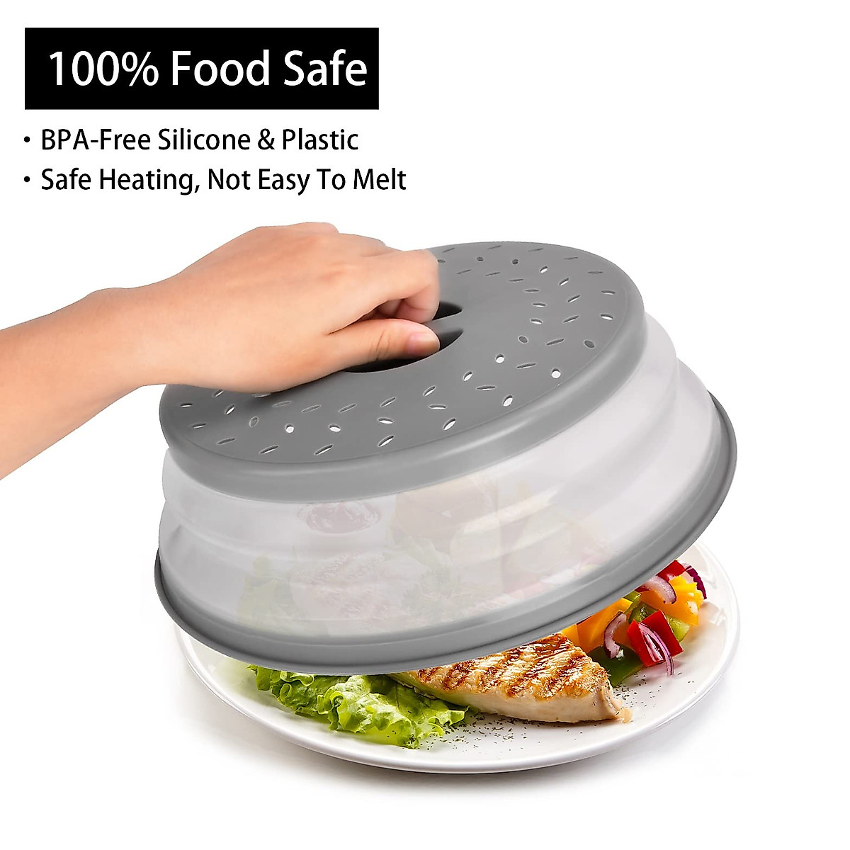 Microwave Splatter Cover for Food, Vented Collapsible Microwave Plate Cover with Easy Grip Handle，BPA-Free Silicone & Plastic, Gray, 10.5 inch