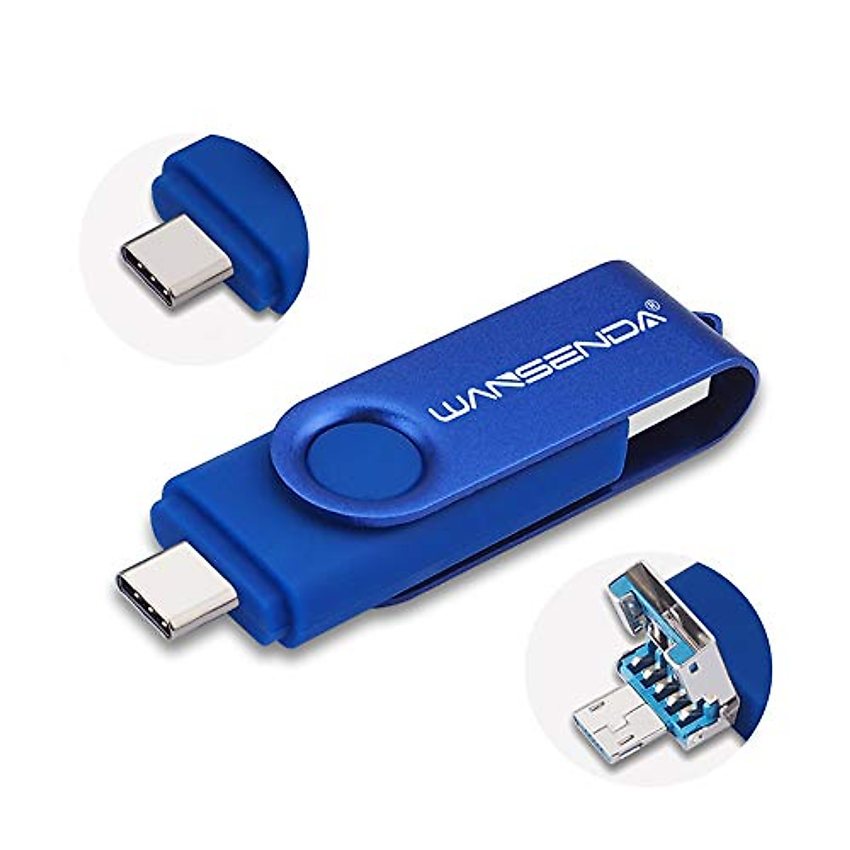 Wansenda 3 in 1 128GB USB Flash Drive USB 3.0/3.1 & Type-C & Micro USB C Pen Drive for Android Devices/PC/Tablet/Mac (128GB, Blue)