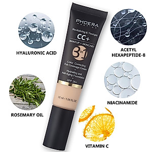 PHOERA CC+ Cream,Full Coverage Foundation，Color Correcting Cream,Anti Aging Hydrating Serum & SPF 25+ Sunscreen - Natural Finish - 1.08 fl oz (120 Nude)