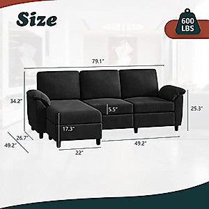 Vongrasig 79" Convertible Sectional Sofa Couch, 3 Seat L Shaped Sofa with Removable Pillows Linen Fabric Small Couch Mid Century for Living Room, Apartment and Office (Black)