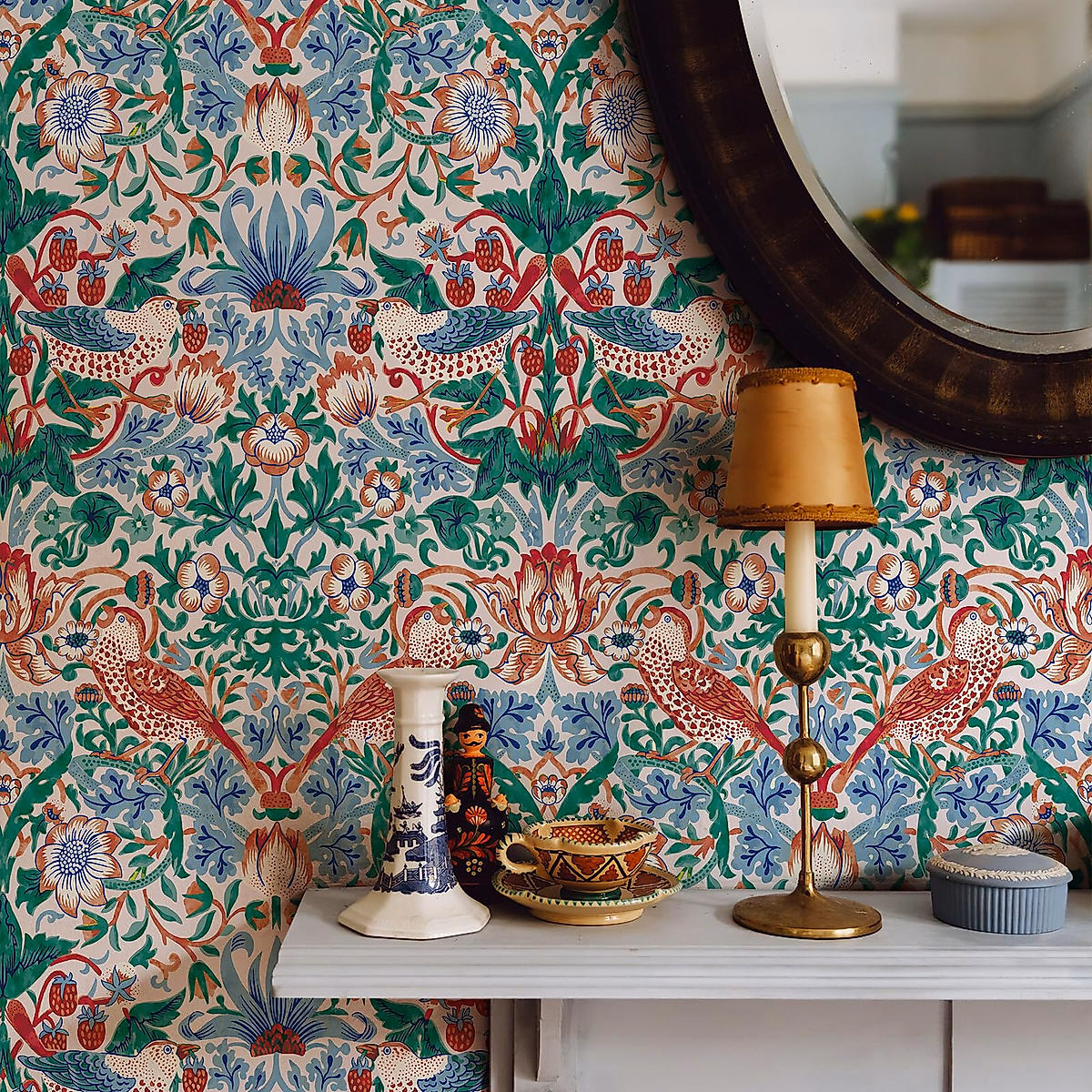 JiffDiff Vintage Wallpaper Peel and Stick Watercolor Floral Botanical Morris Wallpaper Strawberry Thief Easy Peel Off Wallpaper for Bedroom Mural Wall Decor Self-Adhesive 17.7in x 9.8ft