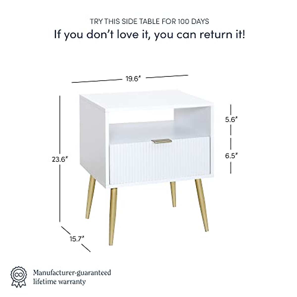 Nathan James James Mid-Century Accent Side or End Table with Storage, Wood Frame, 1, White/Gold
