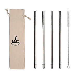 Long Safer Rounded End Stainless Steel Metal Straws for Large Cups, Tall Glasses, or Quart Mason Jars (4 Pack + Cleaning Brush + Bag)