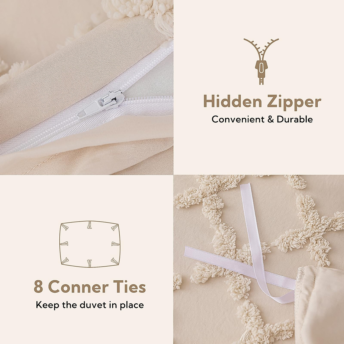 MILDLY Boho Duvet Cover King Size, 3 Pieces Shabby Chic Khaki King Size Comforter Cover for Home, Soft Tufted Duvet Cover with Corner Ties & Zipper Closure-No Comforter