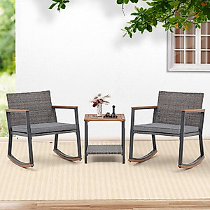 MYDEPOT Wicker Rocking Bistro Set of 3, Outdoor Rocker Chair Furniture Conversation Sets with Coffee Table & Cushions, Patio Rattan for Balcony, Lawn, Porch Poolside (Light Gray)