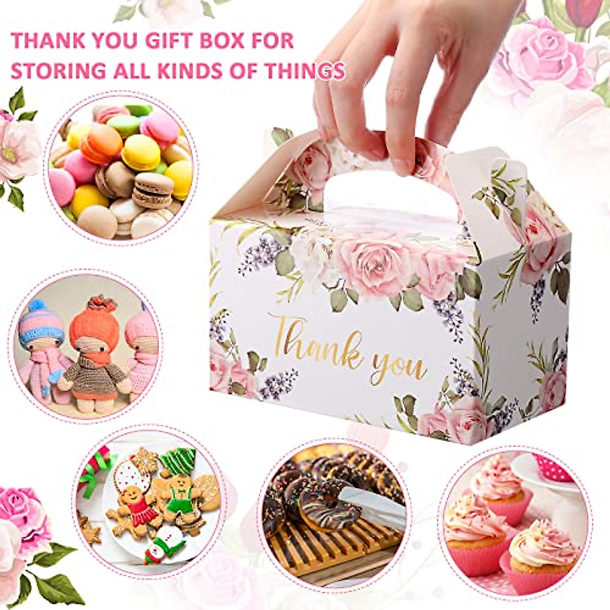 Xinnun 50 Pcs Thank You Treat Boxes Floral Design Gift Boxes Gable Boxes Party Favor Boxes for Tea Party, Wedding, Thanksgiving Day, Christmas