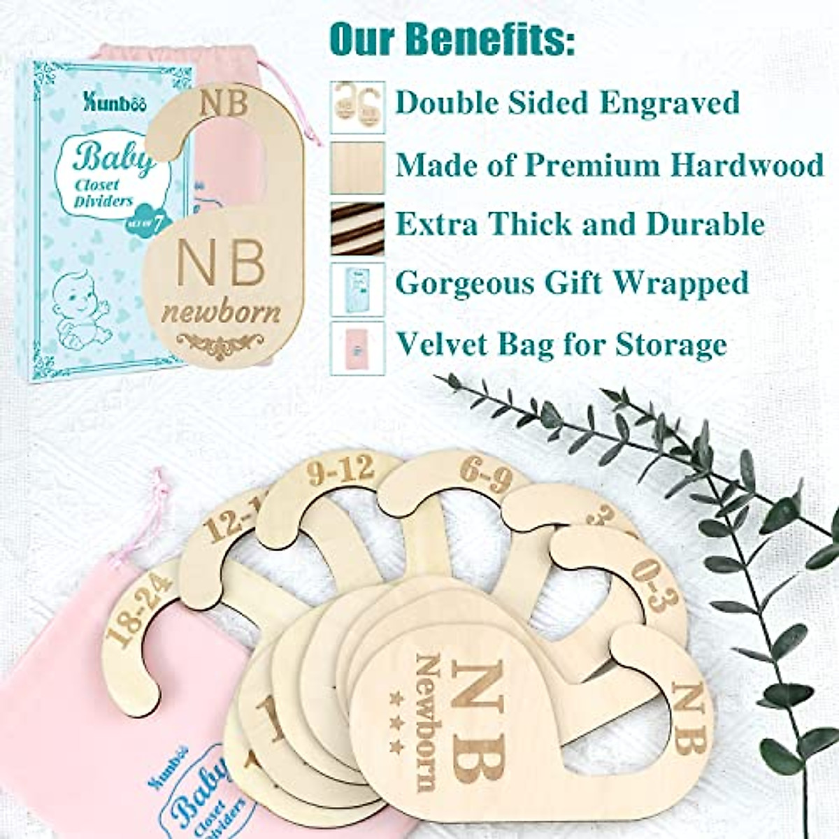 Xunboo Wooden Baby Closet Divider Double Side and Thicken Baby Closet Organizers Set of 7 Baby Clothes Organizer, Gift Wrapped (Star)